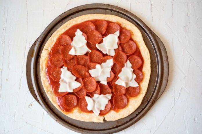 Christmas Pizza with Red Pepperoni and White Christmas Trees Cheese